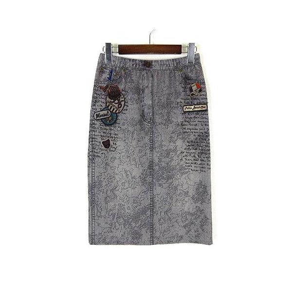 ジェルべ GERVE スカート タイト ブリーチ デニム風 花柄 英字 ワッペン イラスト ミディ丈 ストレッチ M 38 グレー マルチカラー【表記サイズ】38※Mサイズ相当【実寸サイズ】ウエスト：60cm　ヒップ：82cm　スカート丈：...