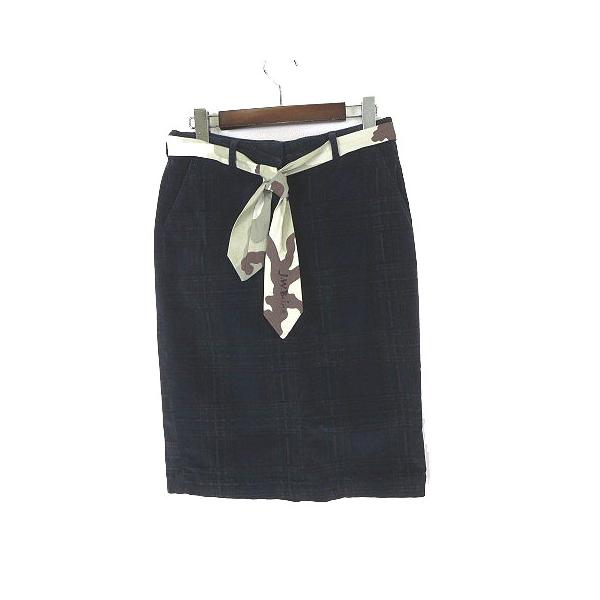 J.W.BRINE ジェイダブリューブライン イタリア製 スカート ロゴ スカーフ コーデュロイ チェック ひざ丈 NO.6451 25 ネイビー グリーン【表記サイズ】25※実寸サイズのご確認をお願い致します。【実寸サイズ】ウエスト：68...