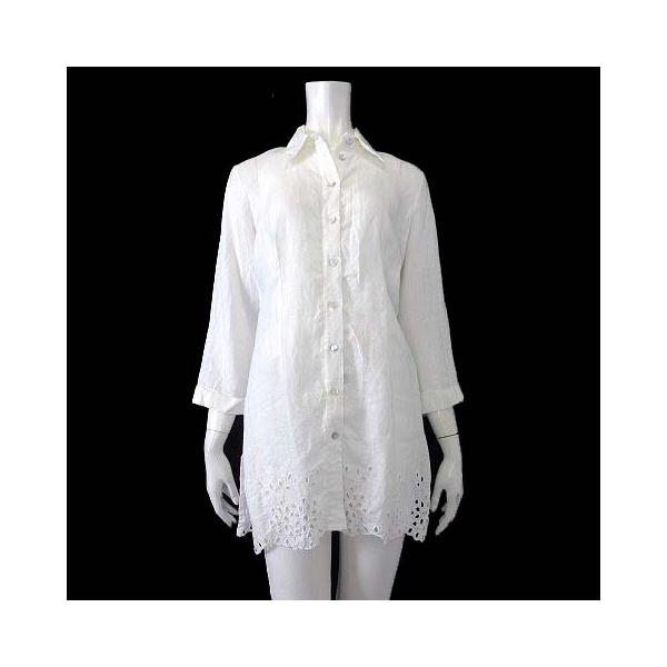DONNA ドンナ メモス イタリア製 チュニック ブラウス ジャケット 麻 リネン 7分袖 エンブロイダリー 刺繍 L 白 ホワイト レディース【表記サイズ】L【実寸サイズ】肩幅：38cm　身幅：51cm　着丈：76cm　袖丈：45.5c...