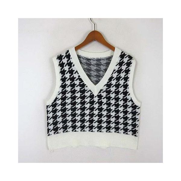 シーイン SHEIN ニット ベスト 千鳥格子柄 Vネック L オフ白 黒 ブラック レディース【表記サイズ】L【実寸サイズ】身幅：49cm　着丈：50cm　　【素材】アクリル100％【色】オフ白 黒 ブラック【状態】◆USEDですが、使用...