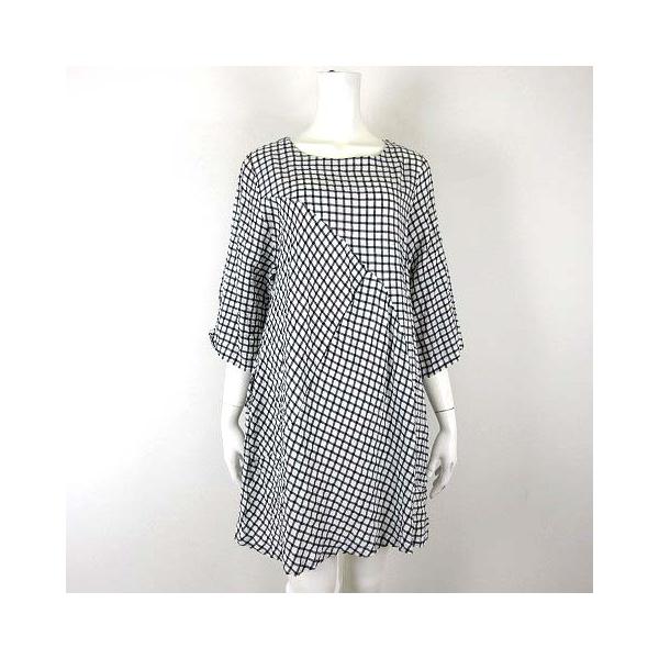 オルフェウス ORPHEUS チュニック ギンガムチェック 切替 シアー シフォン オーバーサイズ コットン 7分袖 L オフ白 黒 ブラック【表記サイズ】表記なし※L位のサイズ感になります。(オーバーサイズシルエットになりますので実寸サイ...