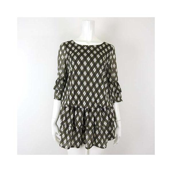 jai guru deva チュニック アーガイル柄 チェック柄 シアー シフォン ギャザー ティアード ラウンドネック フリル袖 7分袖 M オリーブ 白【表記サイズ】Mバスト79-87、身長154-162【実寸サイズ】肩幅：35cm　身...