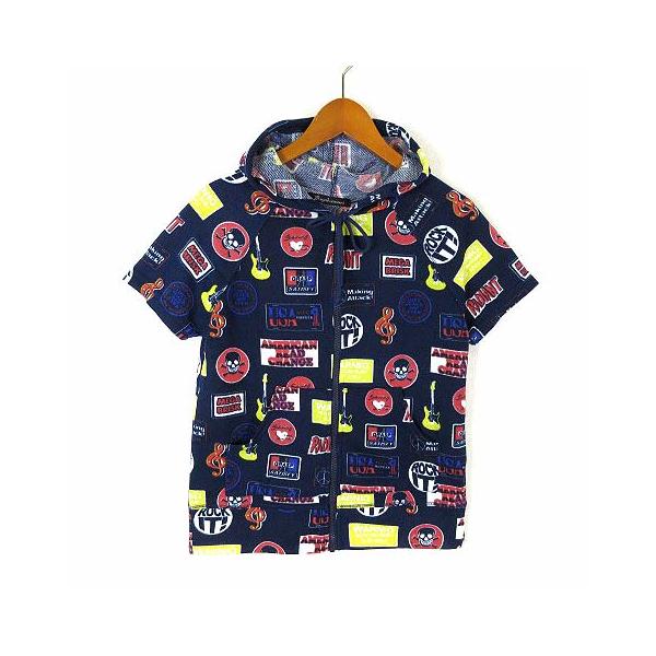 Regard caressant リガードクレッシェンド パーカー スウェット カットソー ジップアップ 総柄 フード 半袖 M 紺 ネイビー マルチカラー【表記サイズ】Mバスト79-87、身長154-162【実寸サイズ】身幅：43cm　着...