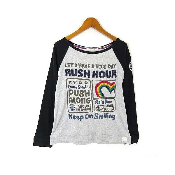 RUSH HOUR ラッシュアワー Tシャツ カットソー ラグラン ワッペン ロゴ 虹 レインボー 刺繍 英字 ラメ スター ポケット 長袖 M グレー【表記サイズ】Mバスト79-87、身長154-162【実寸サイズ】身幅：47cm　着丈：...