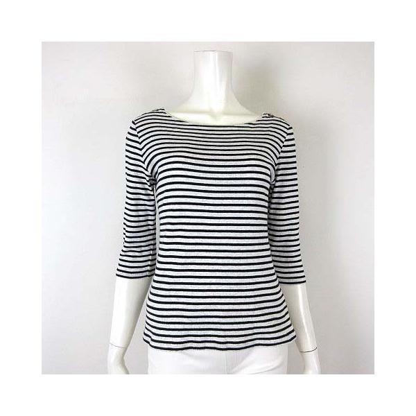 FREUDE フロイデ カットソー トップス ボーダー ナチュラル 装飾ボタン ピコレース ボートネック コットン 7分袖 M グレー 黒 ブラック【表記サイズ】Mバスト79-87、身長154-162【実寸サイズ】肩幅：40cm　身幅：42...