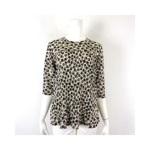 プレゴ prego カットソー トップス フレア ヒョウ柄風 ドット柄 水玉 シアー シフォン プリーツ 切替 7分袖 M ベージュ 茶 ブラウン グレー【表記サイズ】表記なし※M位のサイズ感になります。(実寸サイズのご確認をお願い致します...