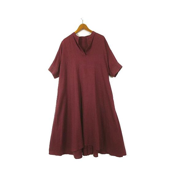 FIL DIRE フィルディール ワンピース リネン 麻 ロング フレア キーネック 5分袖 半袖 M 38 ワインレッド バーガンディ レディース【表記サイズ】38※Mサイズ相当(ゆったりとしたサイズ感になりますので、実寸サイズのご確認を...
