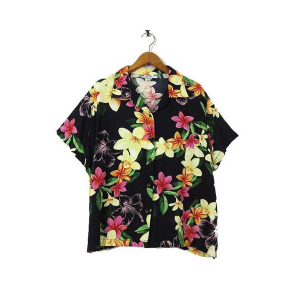TWO PALMS ハワイ製 アロハシャツ 半袖 レーヨン ハイビスカス 花柄 L 黒 ブラック 黄色 イエロー ピンク 緑 レディース【表記サイズ】L【実寸サイズ】肩幅：44cm　身幅：54cm　着丈：57cm　袖丈：16cm　　【素材】...