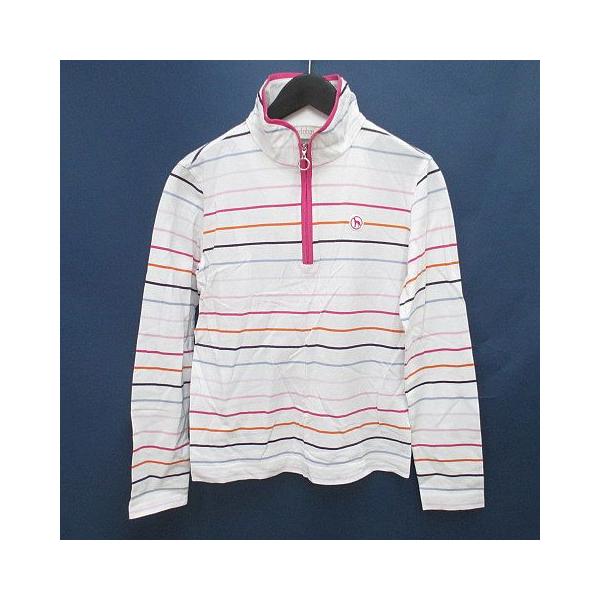 アダバット adabat ゴルフウェア ボーダー 長袖 カットソー クォータージップ 38 白系 ホワイト 日本製 ロゴ ワッペン レディース【ブランド】アダバット adabat【表記サイズ】38【実寸サイズ】肩幅：36cm　身幅：44cm...