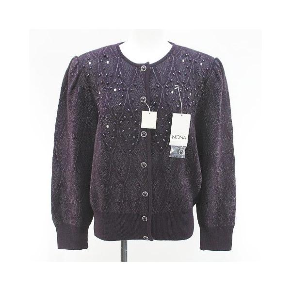 未使用品 NONA 長袖 カーディガン ニット 13 紫系 パープル ビーズ ラインストーン 肩パット 毛 ウール タグ付 総柄 レディース【表記サイズ】13【実寸サイズ】肩幅：37cm　身幅：52cm　着丈：56cm　袖丈：58cm　　【...