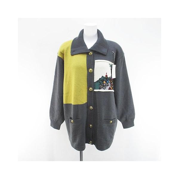 未使用品 AVUE D'OEIL 風景柄 長袖 カーディガン ニット ミディアム丈 45 灰系 グレー 裏地 タグ付 レディース【表記サイズ】45【実寸サイズ】肩幅：47cm　身幅：59cm　着丈：66cm　袖丈：52cm　　【素材】毛 1...