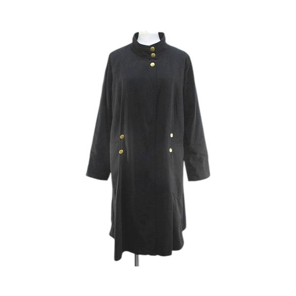 ミローネ Milone スタンドカラー コート ロング丈 M 黒系 ブラック 無地 ジップアップ タック 裏地 レディース【表記サイズ】M【実寸サイズ】肩幅：40cm　身幅：55cm　袖丈：57cm　着丈：90cm　　【素材】表記無し【色】...