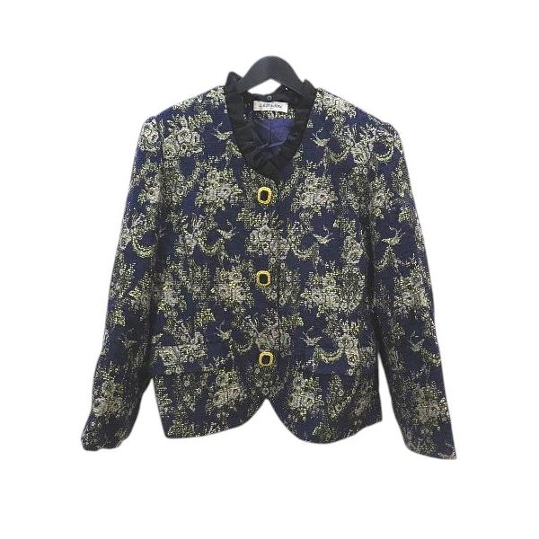 L'AUBE du NONA  長袖 ジャケット 13 紫系 パープル フリル衿 取り外し 花柄  ラメ 飾りボタン レディース【表記サイズ】13【実寸サイズ】肩幅：43cm　身幅：52cm　袖丈：54cm　着丈：57cm　　【素材】表地 ...