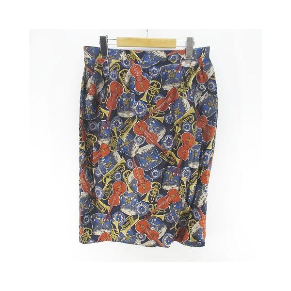 カサンドレ CASSANDRE 楽器柄 膝丈 タイトスカート スカート 絹 シルク 44 紺系 ネイビー イタリア製 スリット ポケット 裏地 レディース【表記サイズ】44【実寸サイズ】ウエスト：78cm　ヒップ：102cm　スカート丈：6...