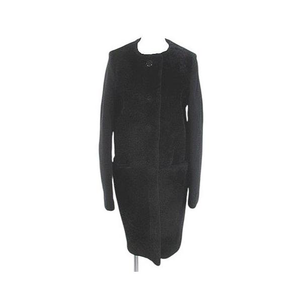 セドリックシャルリエ CEDRIC CHARLIER ノーカラーコート ムートンコート ミドル丈 ファー 羊革 40 黒系 ブラック 切替 毛 ウール 裏地 無地 レディース【表記サイズ】40【実寸サイズ】肩幅：38cm　身幅：48cm　袖...