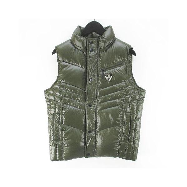 ラス ケー RUSS・K ダウンベスト ノースリーブ ジャケット M 緑系 グリーン ジップアップ ロゴ 文字 刺繍 ワッペン 裏地 メンズ【表記サイズ】M【実寸サイズ】身幅：52cm　着丈：63cm　　【素材】表地　ポリエステル 100％...