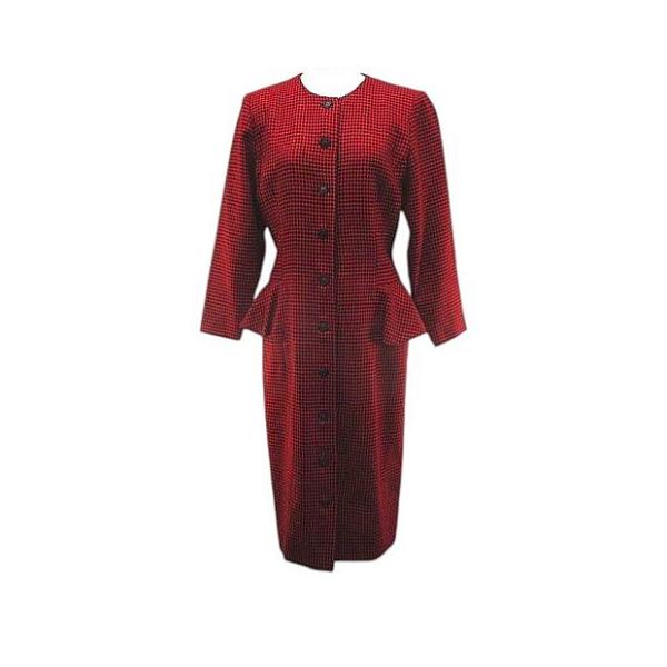 ハナエモリ HANAE MORI NEW YORK レトロ 千鳥格子柄 長袖 ペプラム ワンピース ロング丈 9A3 赤系 レッド 裏地 レディース【ブランド】ハナエモリ HANAE MORI【表記サイズ】9A3【実寸サイズ】肩幅：35cm...