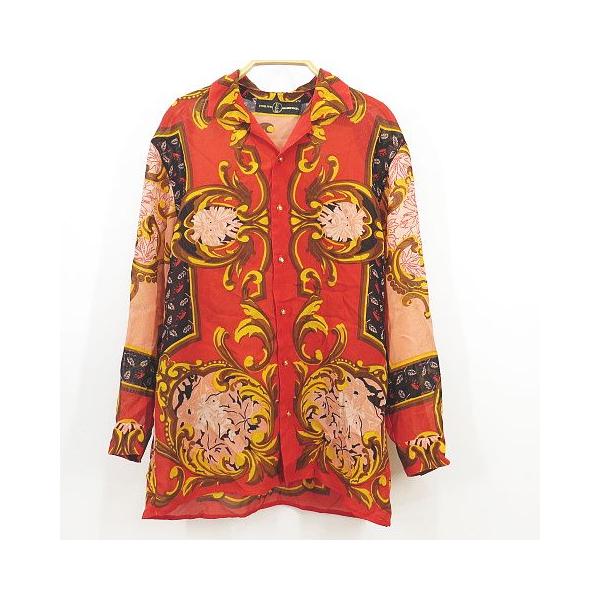 ENGLISH ECCENTRICS 長袖 シャツ オレンジ系 総柄 飾りボタン 薄手 透け感 日本製 メンズ レディース【表記サイズ】表記無し【実寸サイズ】肩幅：49cm　身幅：57cm　着丈：76cm　袖丈：55cm　　【素材】アセテー...