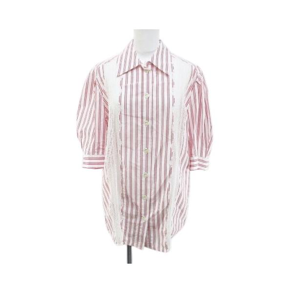 サンドロ Sandro ストライプ柄 七分袖 シャツ ブラウス ピンク系 レース 刺繍 シースルー 透け感 レディース【実寸サイズ】肩幅：42cm　身幅：51cm　着丈：80cm　袖丈：38cm　　【素材】綿 100％　レース　綿 100％...