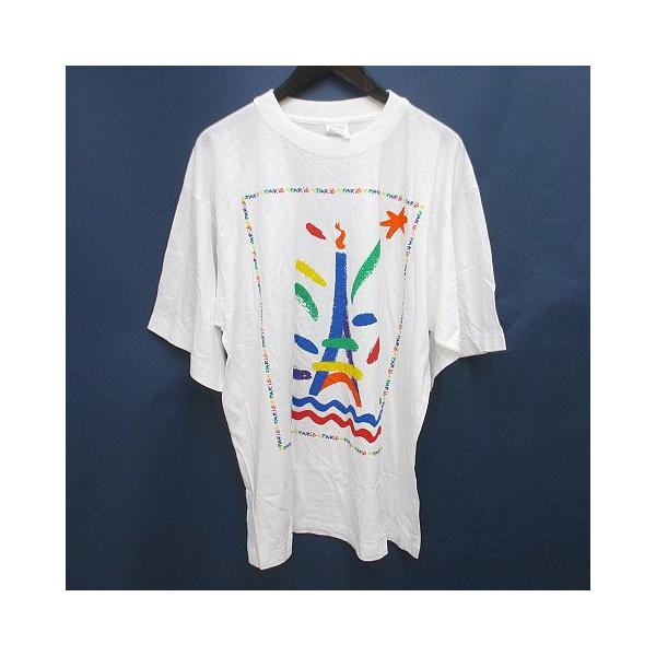 ALMA MATER エッフェル塔プリント 半袖 Tシャツ カットソー XXL 白系 ホワイト 透け感 メンズ【表記サイズ】XXL【実寸サイズ】肩幅：52cm　身幅：55cm　着丈：69cm　袖丈：25cm　　【素材】コットン 100％【色...