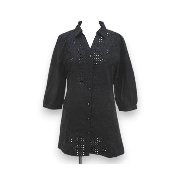 未使用品 ローズペッシュ Rose Peche 七分袖 シャツ ブラウス M 黒系 ブラック フラワー 刺繍 カットワーク ボタン ギャザー タグ付 レディース【表記サイズ】Mバスト 79-87身長 154-162【実寸サイズ】肩幅：38c...