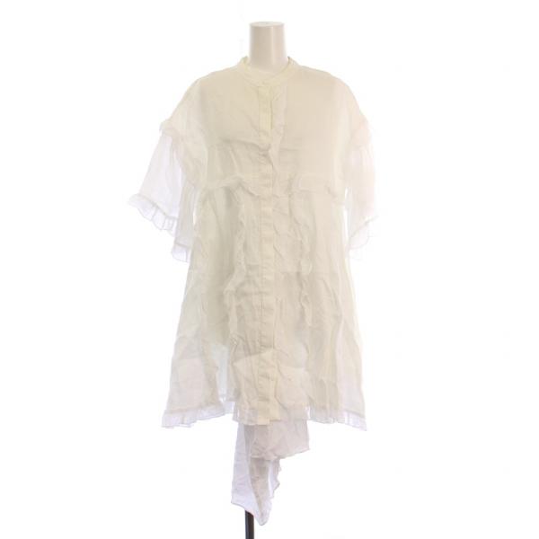 ジョスリン JOSLIN シャツワンピース ブラウス ひざ丈 七分袖 バンドカラー フリル 麻 リネン 6 白 ホワイト /BB レディース【表記サイズ】6【実寸サイズ】肩幅：約52cm　身幅：約51cm　着丈：約76cm　袖丈：約21cm...