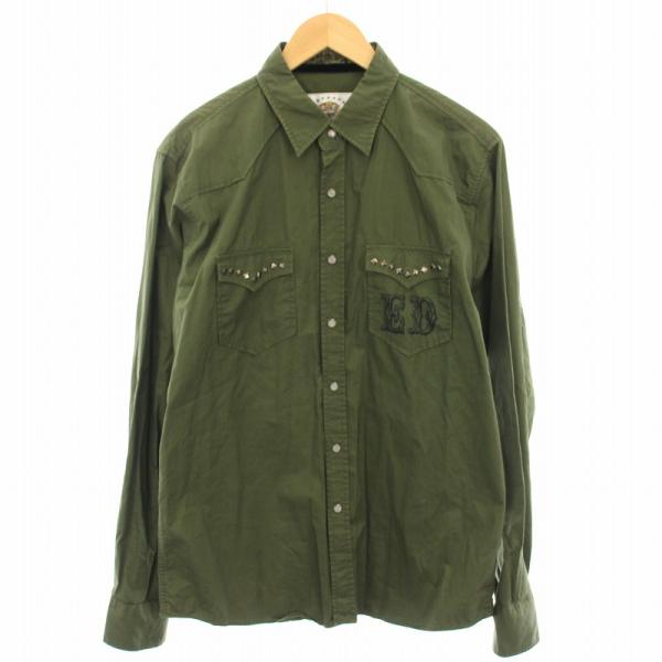 クリスチャンオードジェー christian audigier ミリタリーシャツ カジュアルシャツ スタッズ 長袖 M カーキ 125198 /HN メンズ【表記サイズ】M【実寸サイズ】肩幅：45cm　身幅：53cm　着丈：75cm　袖丈：...