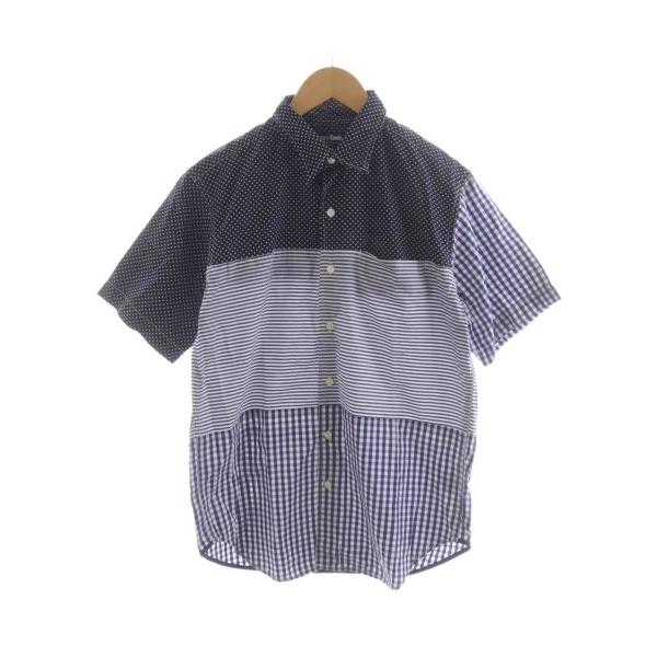 ラフアンドタンブル Rough ＆ Tumble クレイジーパターンシャツ 半袖 ドット チェック柄 S 紺 ネイビー 白 ホワイト /RR メンズ【表記サイズ】S【実寸サイズ】肩幅：42cm　身幅：48cm　着丈：71cm　袖丈：23cm...