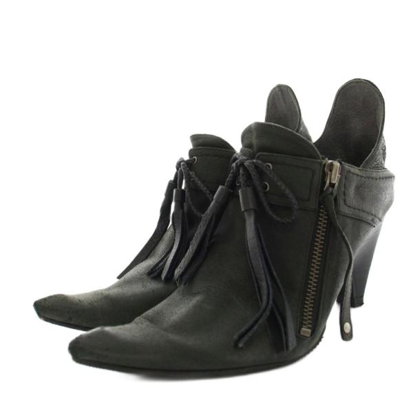 ラボキゴシ RABOKIGOSHI ブーティー ポインテッドトゥ ヒール レザー ジップアップ フリンジ 23 黒 ブラック A1466 /YT ●D レディース【ブランド】ラボキゴシ RABOKIGOSHI【表記サイズ】23（日本サイズ2...