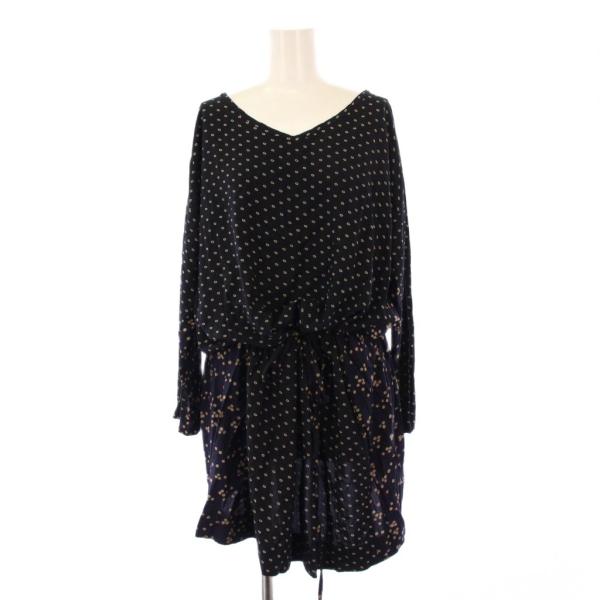 パドカレ pas de calais ワンピース ひざ丈 長袖 Vネック 切替 総柄 ベルト S 黒 ブラック 紺 ネイビー ベージュ /BB レディース【ブランド】パドカレ pas de calais【表記サイズ】S【実寸サイズ】肩幅：6...