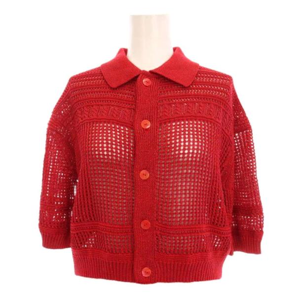 boussole ブソル カーディガン シャツ メッシュ 五分袖 1 赤 レッド 透かし編み 32S1-146RB /YM レディース【表記サイズ】1【実寸サイズ】肩幅：46cm　身幅：48cm　着丈：42cm　袖丈：24cm　　【素材】ポ...