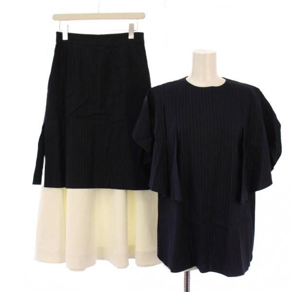 アドーア ADORE 23SS バイオ麻ブラウス スカート セットアップ シャツ プルオーバー 半袖 クルーネック フレア 切替 38 36 紺 白【ブランド】アドーア ADORE【表記サイズ】カットソー 38スカート 36【実寸サイズ】ジ...