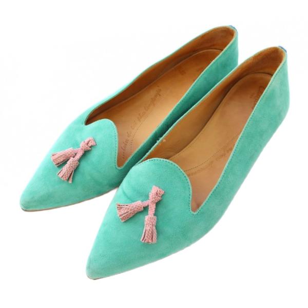 シャテル Chatelles パンプス ポインテッドトゥ ローヒール スエード タッセルチャーム 37.5 緑 グリーン /BB レディース【表記サイズ】37.5【実寸サイズ】ヒールの高さ：1.4cm　最大幅：8cm　　【素材】スエード【色...