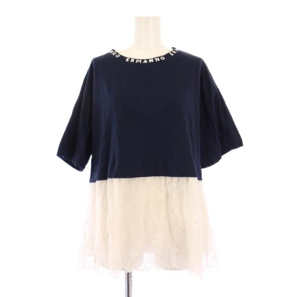 エルマンノフィレンツェ ERMANNO FIRENZE Tシャツ 半袖 クルーネック ストレッチ ロゴ レース 切替 42 紺 ネイビー 白 ホワイト /BB【表記サイズ】42【実寸サイズ】肩幅：49cm　身幅：49cm　着丈：63.5cm...