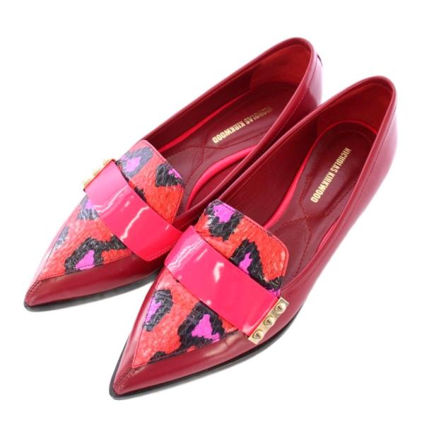 ニコラスカークウッド NICHOLAS KIRKWOOD パンプス ポインテッドトゥ ローヒール レザー 切替 アニマル柄 36 赤 レッド /BB レディース【表記サイズ】36【実寸サイズ】ヒールの高さ：2cm　最大幅：8.4cm　　【素...