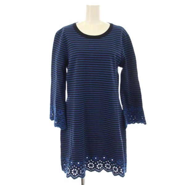 デレクラム DEREK LAM ワンピース L 青 黒 ボーダー柄 長袖 カットワークレース /JP レディース【ブランド】デレクラム DEREK LAM【表記サイズ】L【実寸サイズ】肩幅：約40.5cm　身幅：約47cm　袖丈：約50cm...