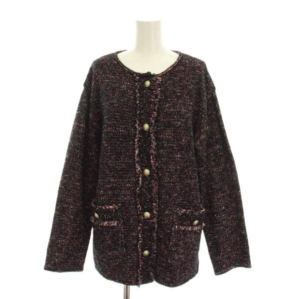 エマキュレート EMMACULATE ツイード風 ニットジャケット ノーカラー 黒 ピンク /YM レディース【表記サイズ】表記なし実寸サイズをご参考下さい。【実寸サイズ】肩幅：49cm　身幅：50cm　着丈：65cm　袖丈：55cm　　【...