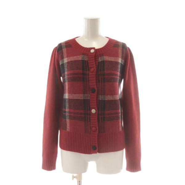 ロイスクレヨン Lois CRAYON カーディガン ウール M 赤 レッド チェック柄 ラウンドネック 長袖 /AU レディース【ブランド】ロイスクレヨン Lois CRAYON【表記サイズ】M【実寸サイズ】肩幅：約34cm　身幅：約43...