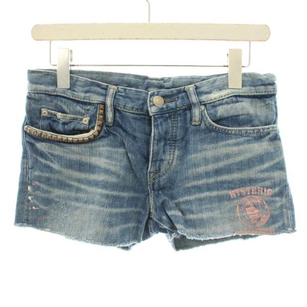 ヒステリックグラマー ショートパンツ デニムパンツ ボタンフライ ロゴ ヒスガール ペイント カットオフ 麻 S 青 0192AP08 レディース【ブランド】ヒステリックグラマー HYSTERIC GLAMOUR【表記サイズ】S【実寸サイズ...