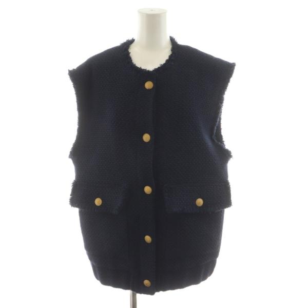 ジャーナルスタンダードレサージュ journal standard L'essage 23SS GIOLICAツイードギャザー ベスト 前開き 金ボタン フリンジ 紺【ブランド】ジャーナルスタンダードレサージュ journal standa...