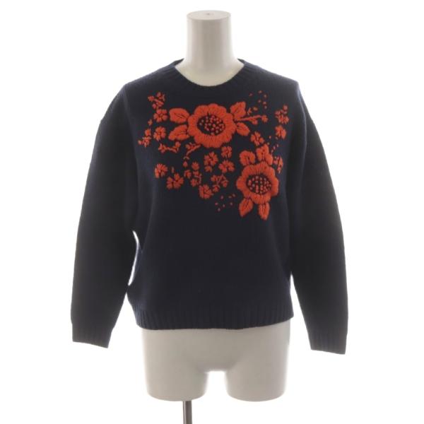 プラダ PRADA ニット セーター ウール カシミヤ混 38 オレンジ 紺 ネイビー 花柄刺繍 ラウンドネック 長袖 P24C1M S202 1XH4 /AN47【ブランド】プラダ PRADA【表記サイズ】38【実寸サイズ】肩幅：約44c...