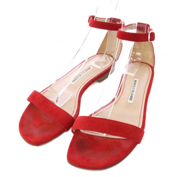 マノロブラニク MANOLO BLAHNIK サンダル ストラップ スエード 38 赤 レッド /TK レディース【ブランド】マノロブラニク MANOLO BLAHNIK【表記サイズ】38【実寸サイズ】ヒールの高さ：1cm　最大幅：8.5c...