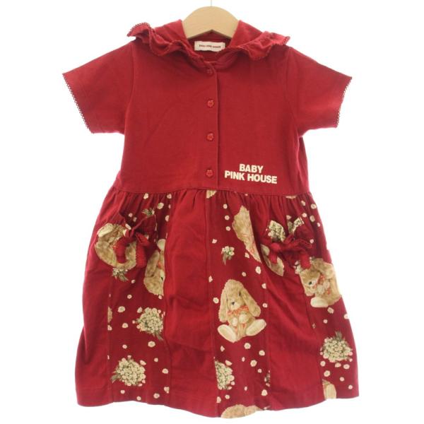 ベビーピンクハウス BABY PINK HOUSE ワンピース M 赤 レッド マルチカラー 半袖 フリル襟 ウサギ柄 P0506UAL38D /TK キッズ【ブランド】ベビーピンクハウス BABY PINK HOUSE【表記サイズ】M【実...