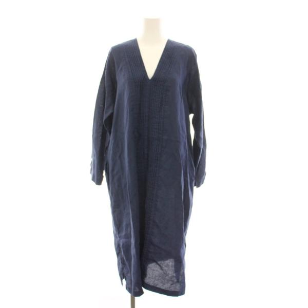 ゼロハチマブ 08mab ワンピース ロング リネン Vネック 長袖 M-L ネイビー /YM レディース【表記サイズ】M-L【実寸サイズ】身幅：59cm　着丈：108cm　ゆき丈：73cm　　【素材】麻100％【色】紺 ネイビー【状態】若...