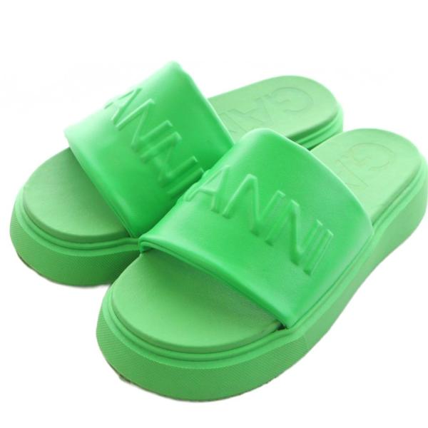 ガニー GANNI サンダル 厚底 ロゴ 38 緑 グリーン /AN4 ■MA レディース【ブランド】ガニー GANNI【表記サイズ】38【実寸サイズ】最大幅：約10cm　アウトソール：約27cm　ヒール 約4cm　【色】緑 グリーン【状態...