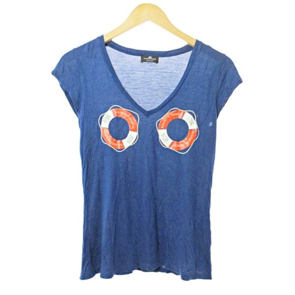 エリザベッタフランキ ELISABETTA FRANCHI Tシャツ カットソー フレンチスリーブ 半袖 Vネック プリント 40 青 0925 ■YHS4 レディース【表記サイズ】40【実寸サイズ】肩幅：約39cm　身幅：約45cm　袖丈...