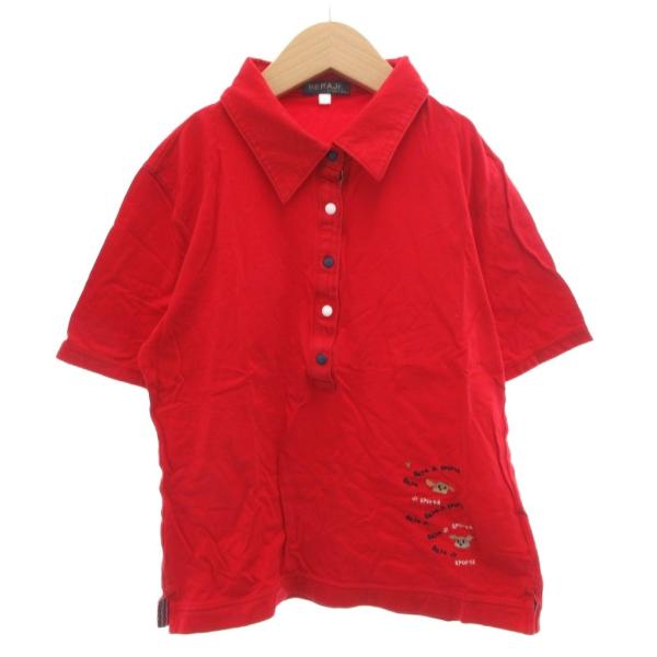 BERA JR ポロシャツ ゴルフウェア L 赤 レッド クマ刺繍 /FF レディース【表記サイズ】L【実寸サイズ】肩幅：34cm　身幅：36cm　袖丈：19cm　着丈：51cm　　【素材】綿 ポリウレタン【色】赤 レッド 【状態】・全体に...