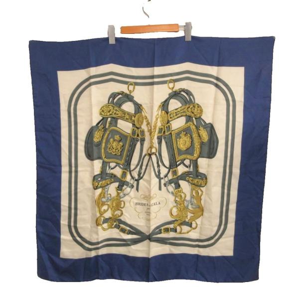 エルメス HERMES カレ90 BRIDES de GALA 式典用馬勒 スカーフ 大判 シルク IBO92 【ブランド】エルメス HERMES【実寸サイズ】縦 90cm　横 86cm　【素材】シルク【色】白 ホワイト 紺 ネイビー【状態...