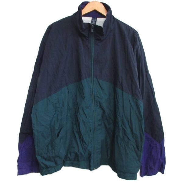 ランズエンド LANDS' END 90s ナイロンシェルジャケット スタンドカラー ブルゾン 切替 ネイビー×グリーン×パープル L メンズ【ブランド】ランズエンド LANDS' END【表記サイズ】L【実寸サイズ】身幅：71cm　着丈：...
