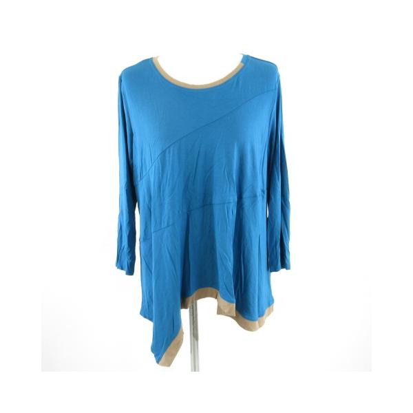 P.k.d カットソー 七分袖 青 M *T234 レディース【表記サイズ】M【実寸サイズ】肩幅：37cm　身幅：46.5cm　着丈：60.5cm　袖丈：43.5 cm　　【素材】レーヨン94% ポリウレタン6%【色】青×ベージュ【状態】ご...